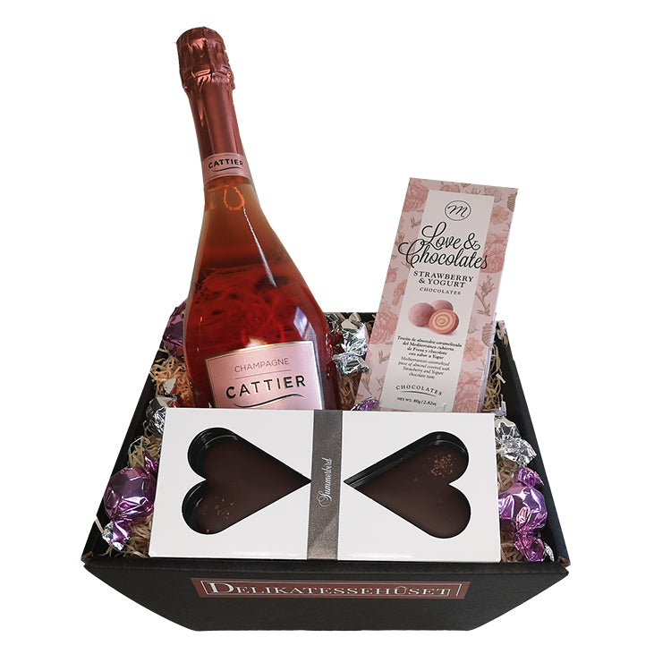 Gavekurv - gave med Champagne Rosé og chokolade - Ideer til gaver